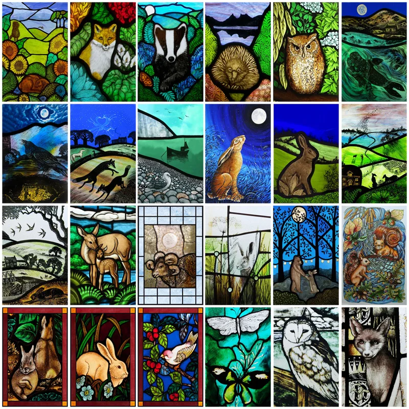 Custom-Size-Stained-Glass-Window-Film-Animal-Pattern-Rabbit-Crow-Bird ...