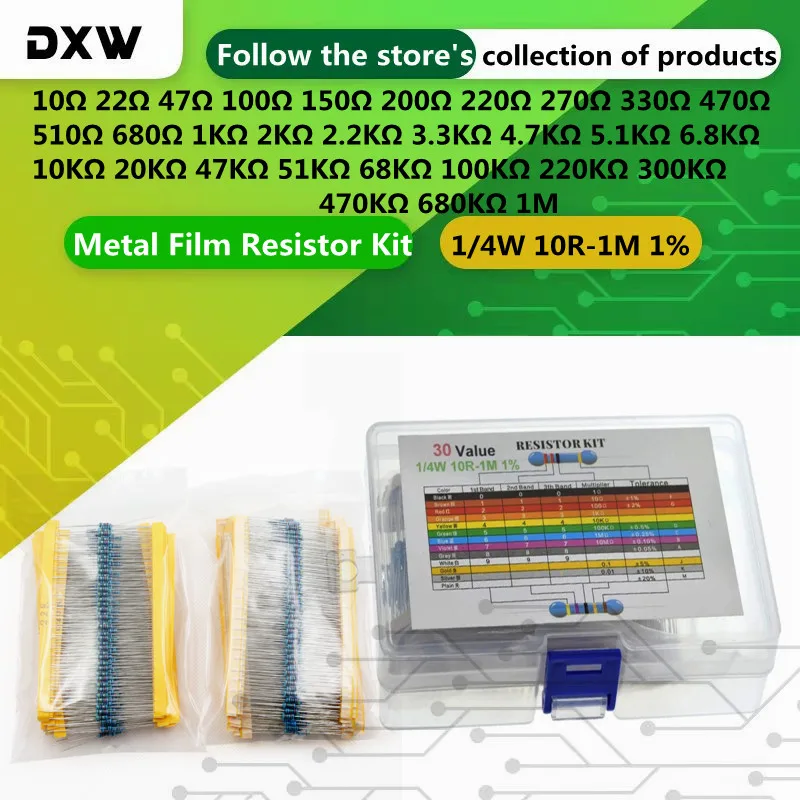600PCS-Lot-1-4W-10R-1M-Metal-Film-Resistor-Kit-1-30ValuesX-20pcs-0-25W ...