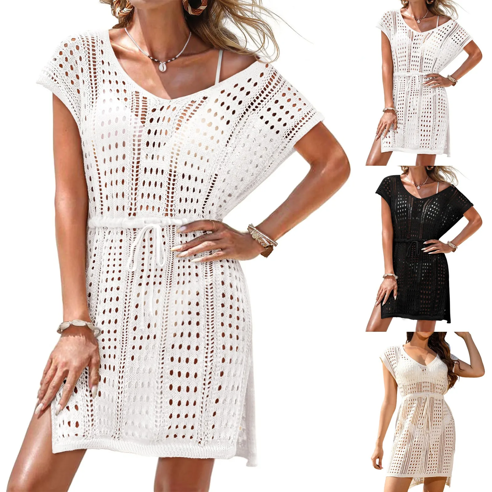 Crochet Beach Dress For Women Drawstring V Neck Swim Bathing Suit Cover ...