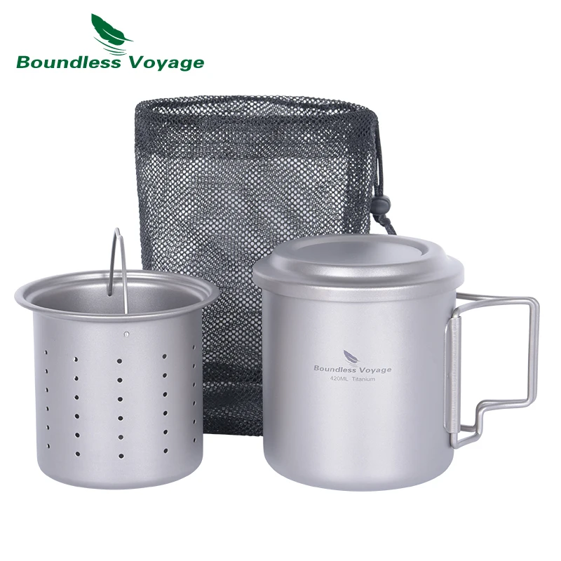 Boundless Voyage Titanium Mug with Tea Strainer 420ml/14.2 Fl.oz Tea Cup with Folding Handle ...