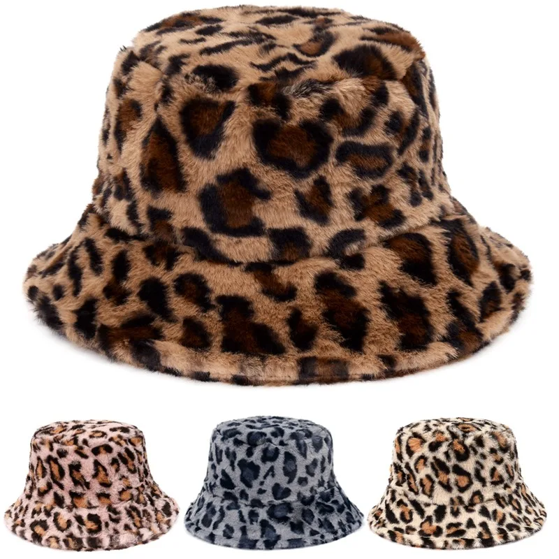 Winter Retro Leopard Faux Fur Fluffy Bucket Hats Men Women Outdoor Warm ...