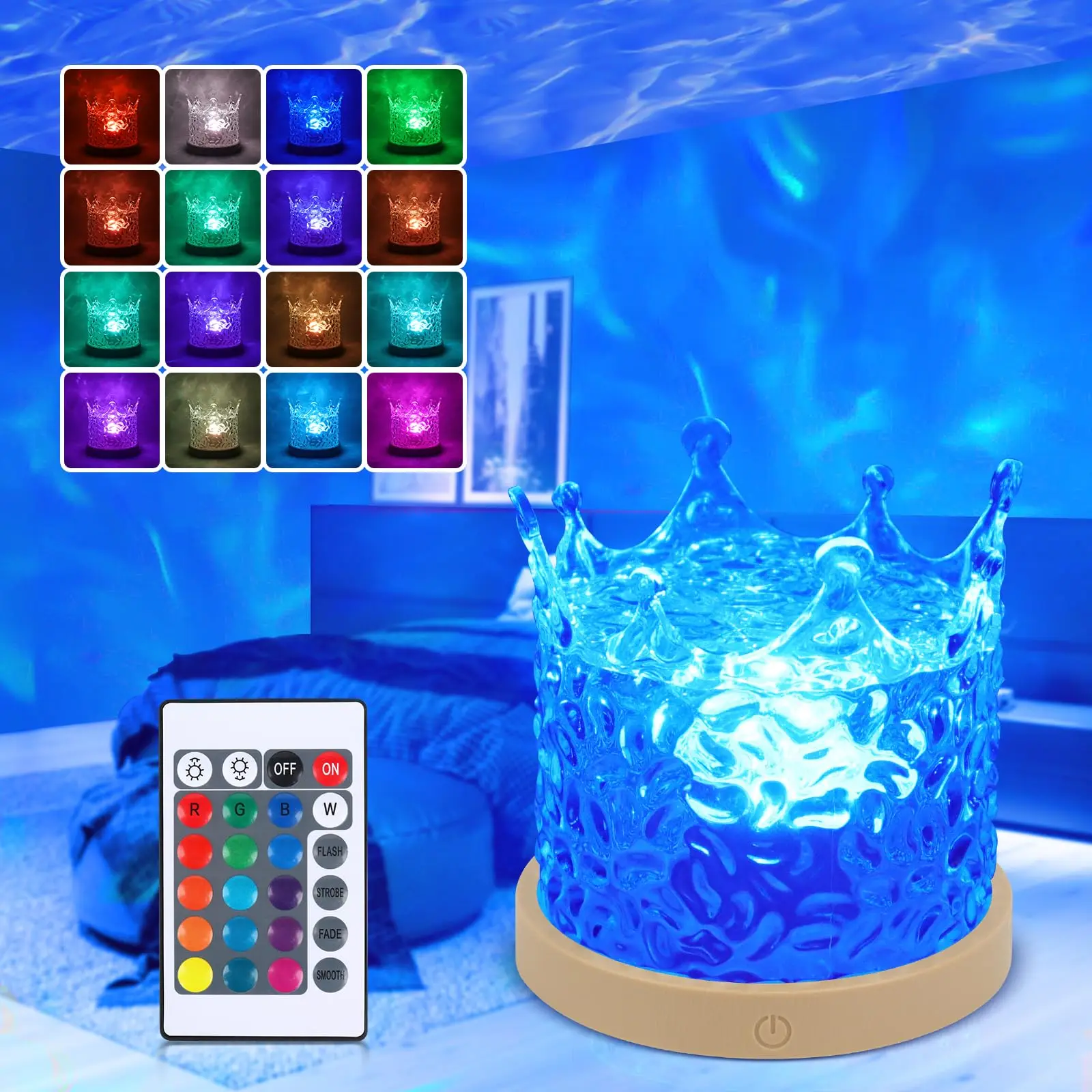LED Night Light Ocean Wave Projector USB Plug-in Remote 16 Colors Touch ...