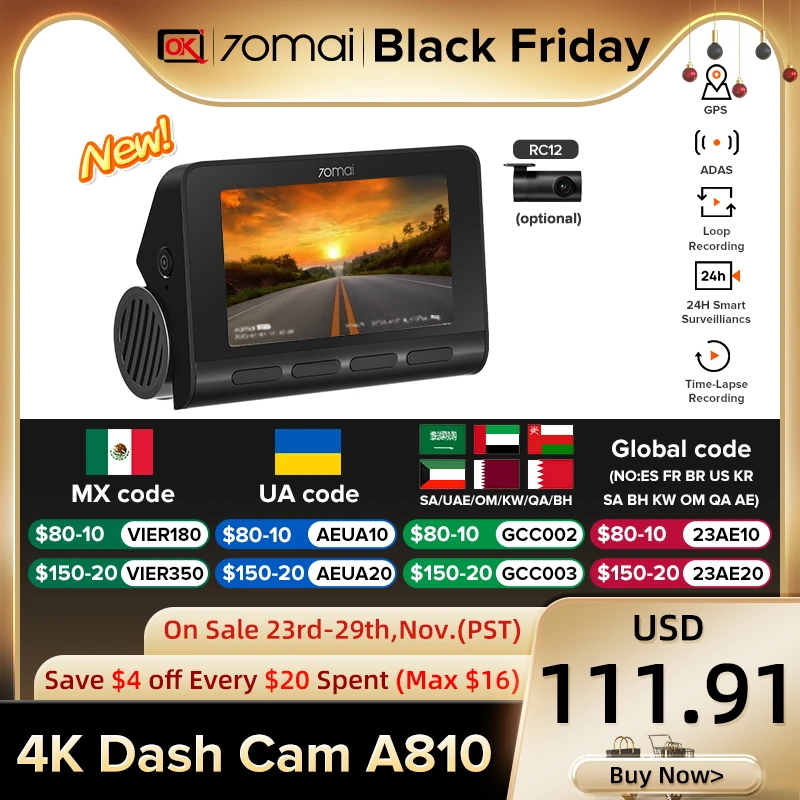 70mai-New-Dash-Cam-4K-A810-Built-in-GPS-150-FOV-AI-Motion-Detection-4K ...