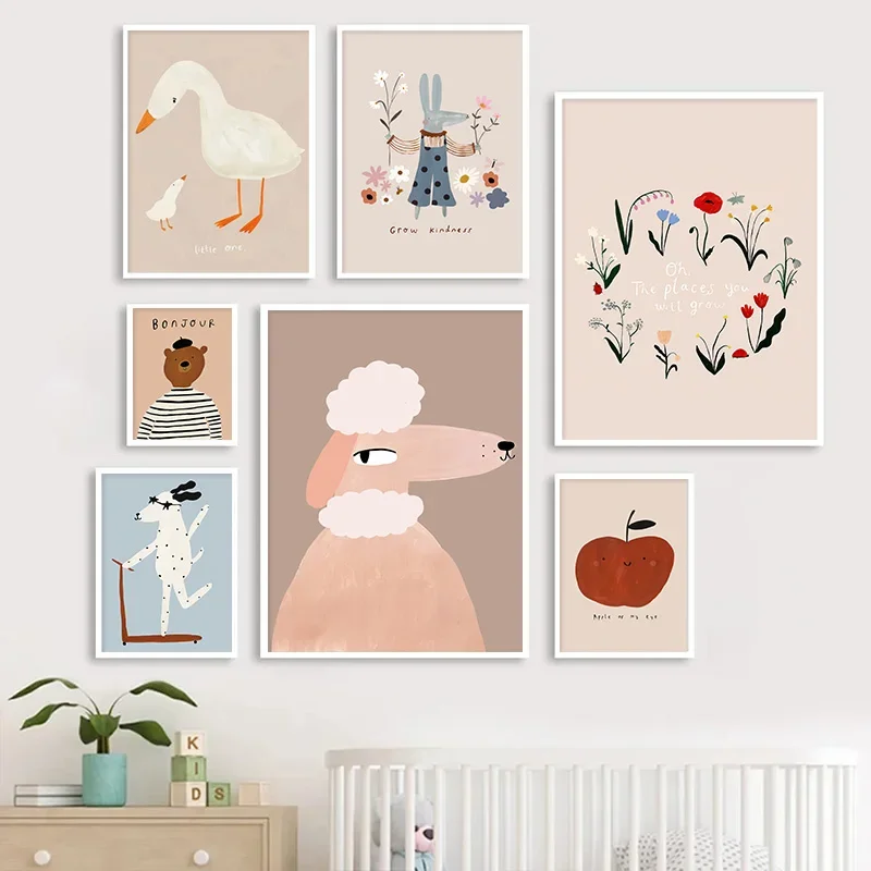 Cartoon Animals Kids Room Decoration Poster Dog Goose Rabbit Wildflower ...