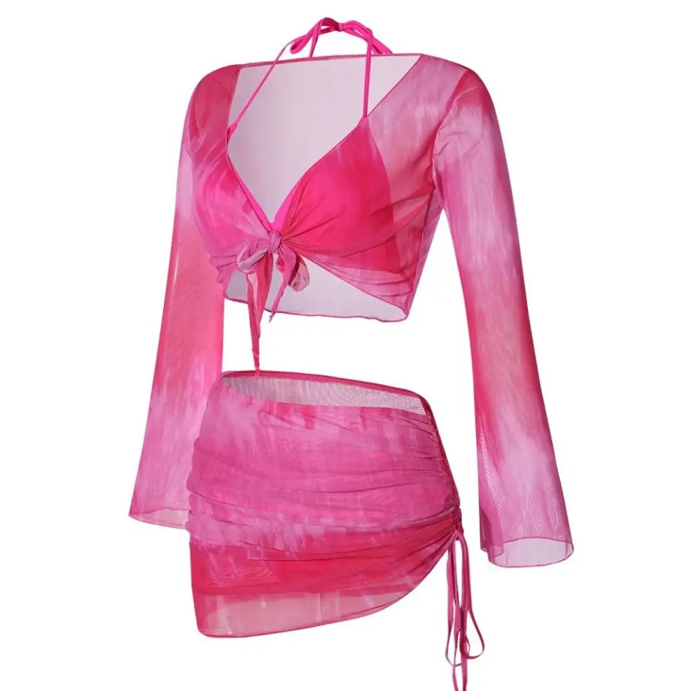Women's Fashion Tie Dye Bikini Set 4 Piece Set Mesh Long Sleeve Bathing ...