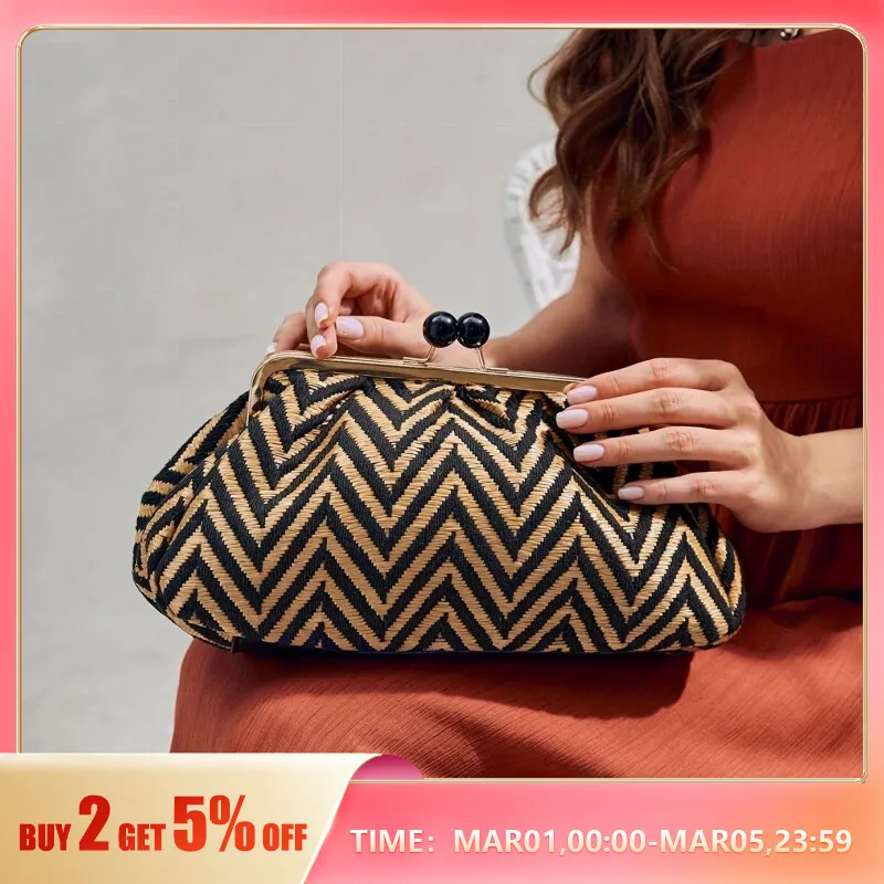 Women-s-New-Elegant-Striped-Hand-Bag-Black-Bead-Buckle-with-Gram ...