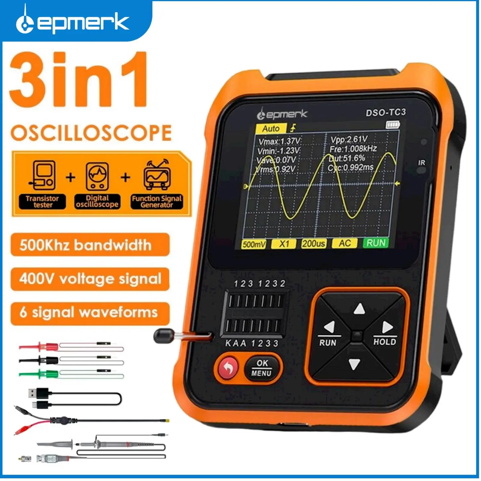 Lepmerk DSO TC3 Osciloscópio Digital, Handheld Signal Generator, 500KHZ ...