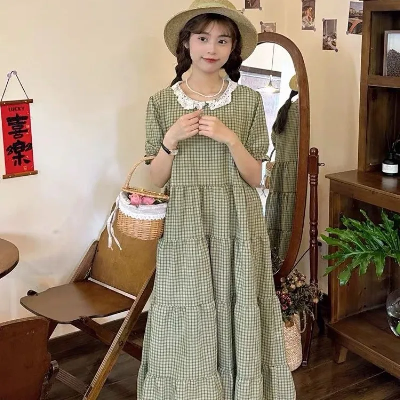 Mori-Girl-Style-Summer-Cotton-Linen-Plaid-Cake-Dress-Cute-Vintage-Lace ...