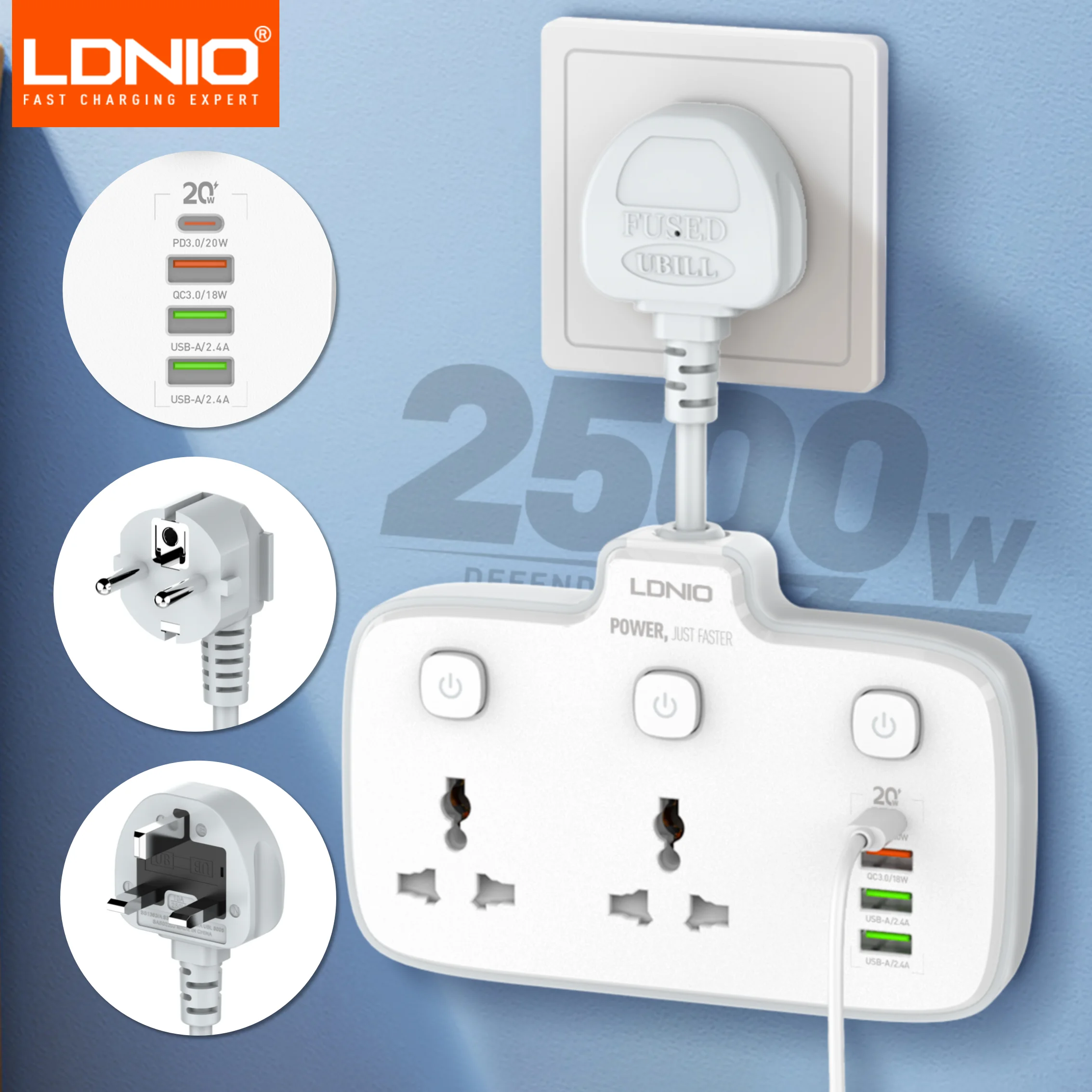 LDNIO-Universal-20W-Power-Strip-Sockets-2-Outlet-PD-QC3-0-Port-Fast ...