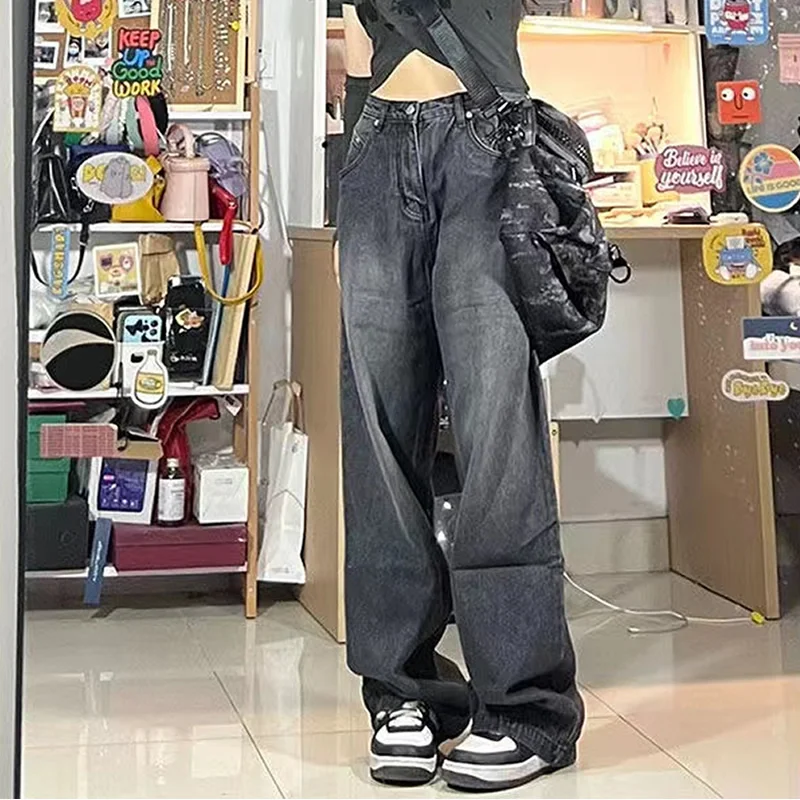 Women Vintage Streetwear Black Baggy Cargo Jeans High Waiste Oversize ...