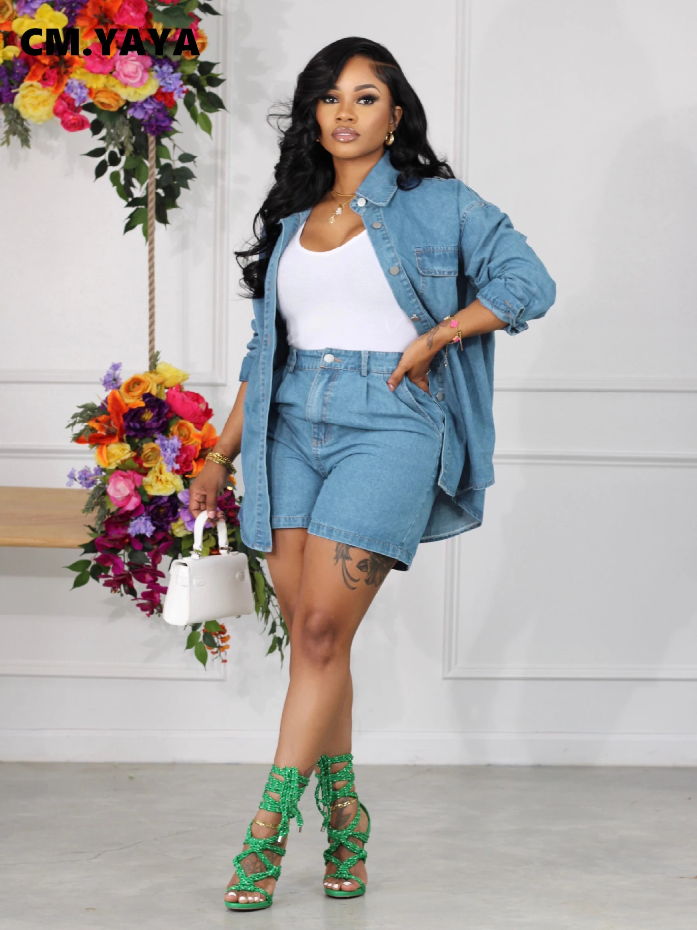 CM.YAYA Fashion Denim Women's Set Long Sleeve Single Breasted Jacket and Shorts 2023 Jeans Two 2 ...