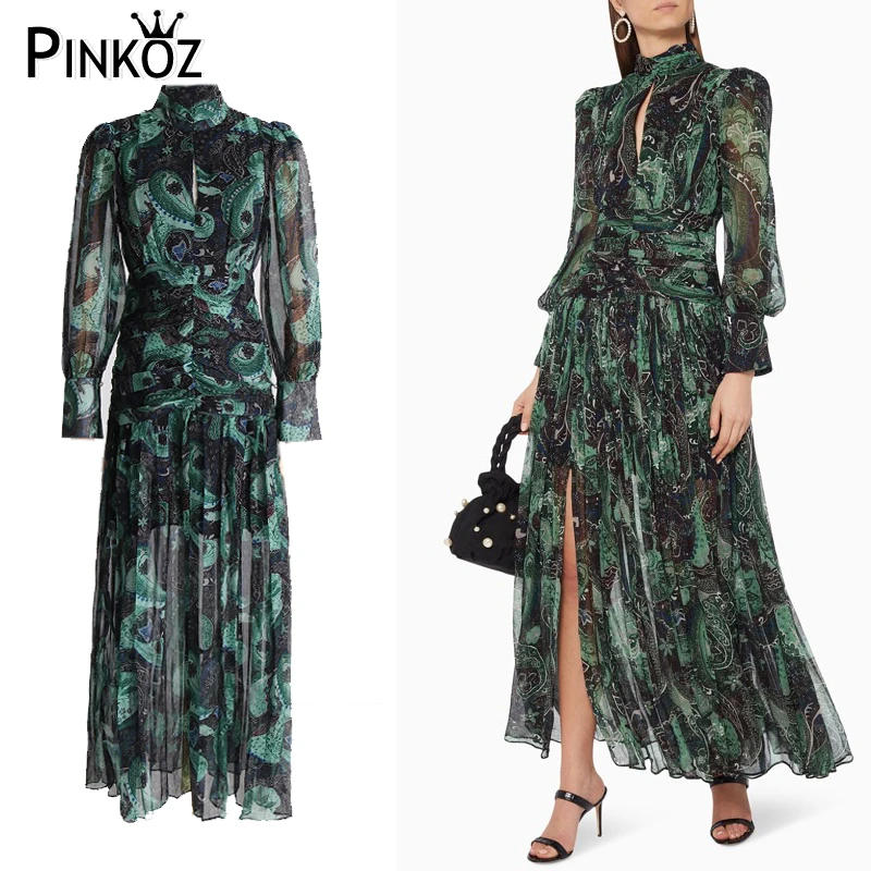 Pinkoz-runway-designer-green-floral-printed-stand-collar-lantern-sleeve ...