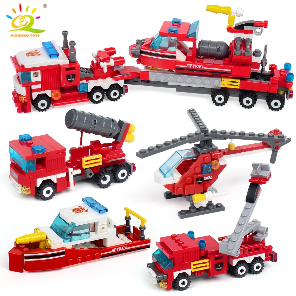 HUIQIBAO-348pcs-Fire-Fighting-4in1-Trucks-Car-Helicopter-Boat-Building ...