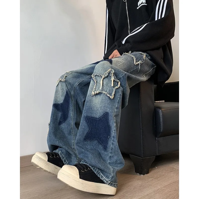 Jeans Men Straight Star Embroidery Patchwork Autumn jeans uomo Wide Leg ...