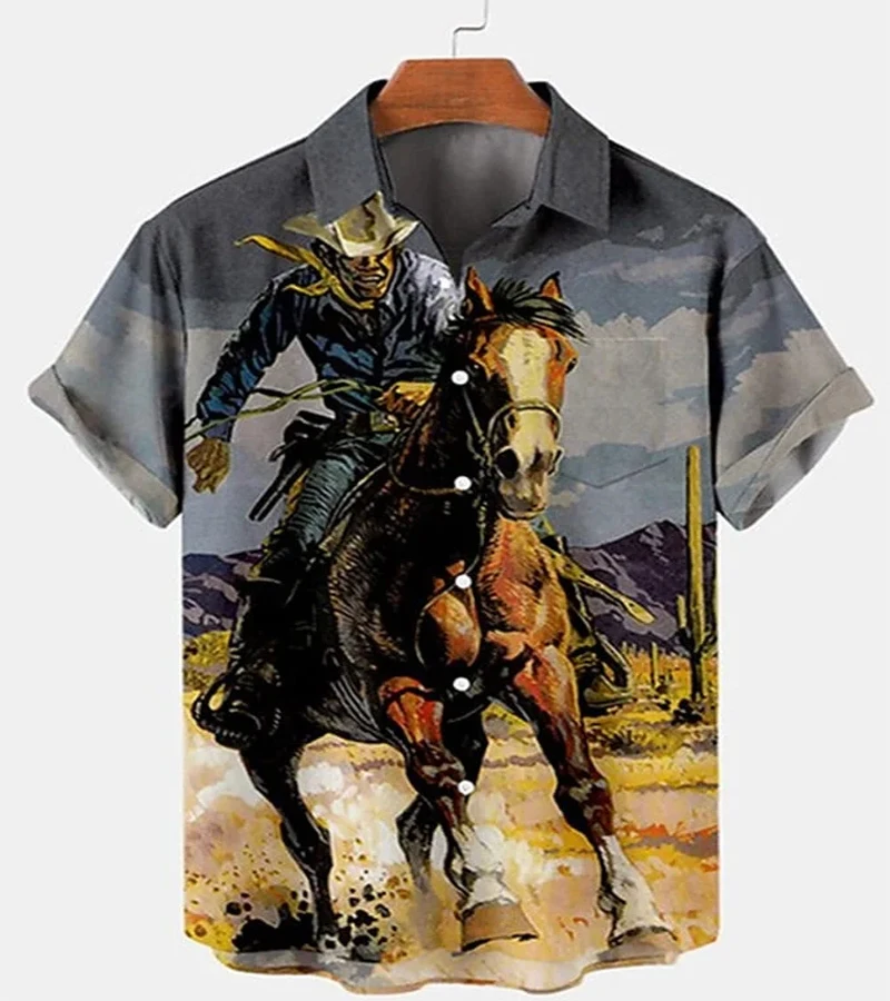 Boutique-Cowboy-Horse-Racing-Print-Short-Sleeved-Shirt-Men-s-Casual ...