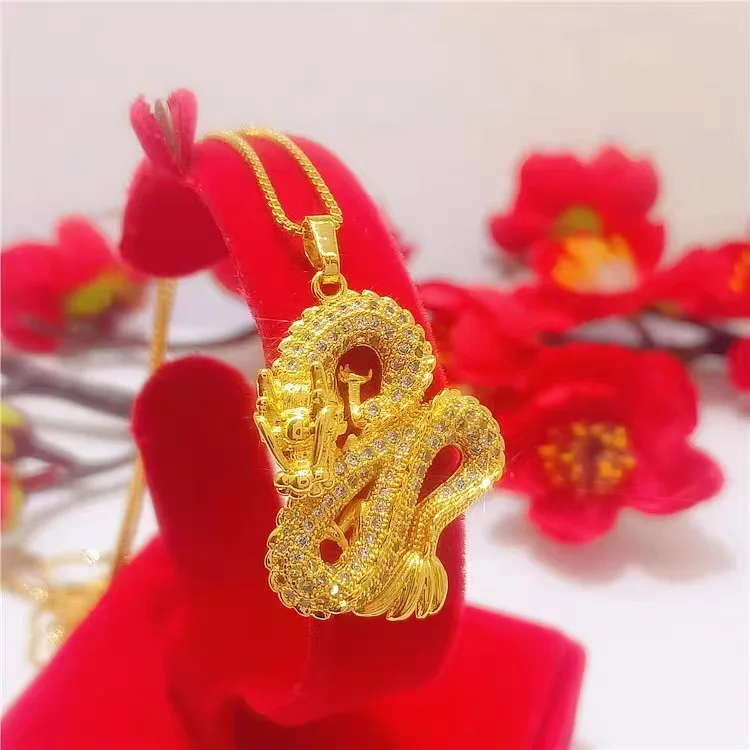 100% 18K Yellow Gold Color Full Diamond Dragon Pendant Pendants ...