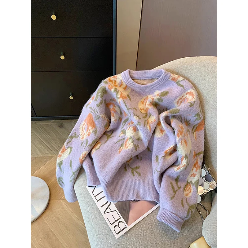 Vintage Floral Sweater Women Print Long Sleeve Knitted Pullovers Winter ...