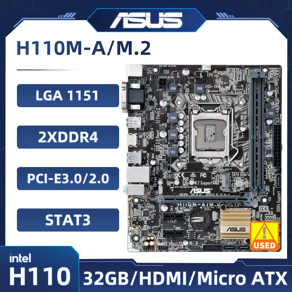 ASUS-placa base H110, H110M-A/M.2, LGA 1151, DDR4, 32GB, PCI-E 3,0, USB3.0, Micro ATX, USB 3,0 ...