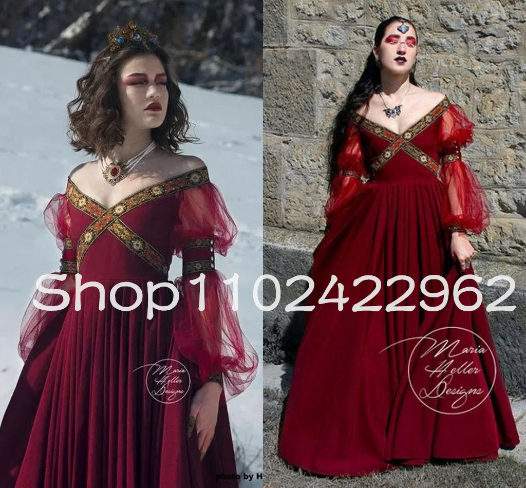 Burgundy-Fairy-Long-Sleeve-Renaissance-Prom-Dresses-Full-length ...