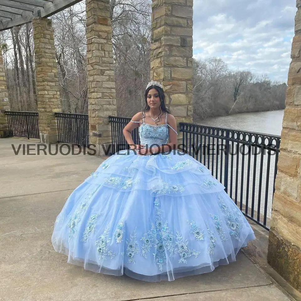 Blue Spaghetti Straps Quinceanera Dresses 2022 Formal Prom Gown Tulle ...