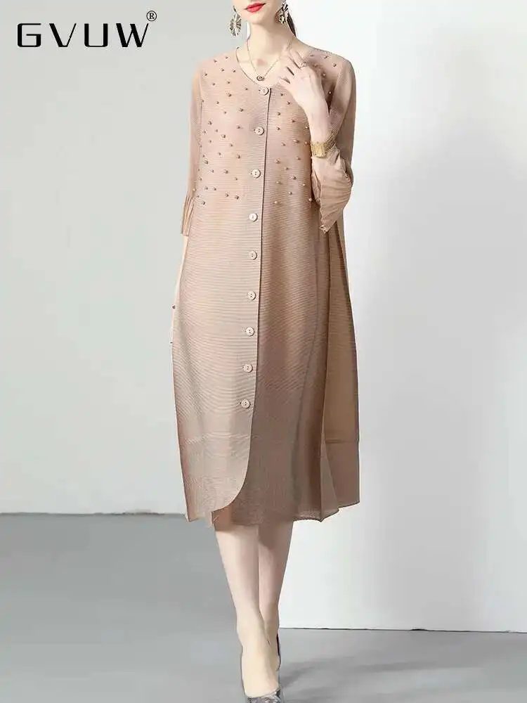 GVUW Pleated Beading Dress Women Round Collar Flare Sleeve Single ...