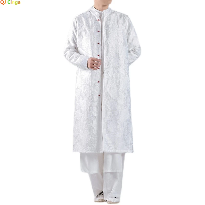 Chinese-White-Long-Jacket-Men-s-Cotton-Linen-Trench-Coat-Single ...