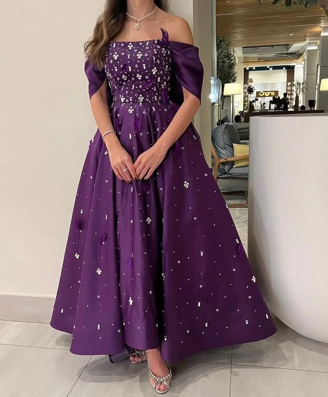 Saudi-Purple-Sqaure-Neck-Beads-Pearls-Evening-Dresses-Sleeves-Formal ...