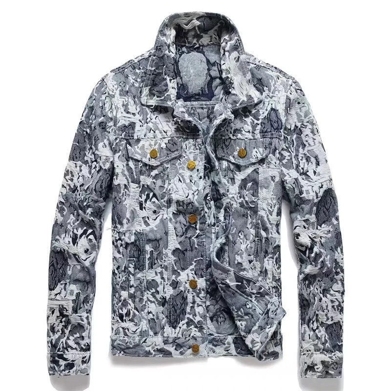 EH·MD® Orange Camouflage Denim Jacket Men Slim Fit Cotton Metal Button ...