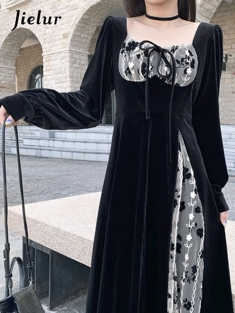 Jielur-Velvet-One-Piece-Dress-Korean-Fashion-Black-Lace-Midi-Dress ...