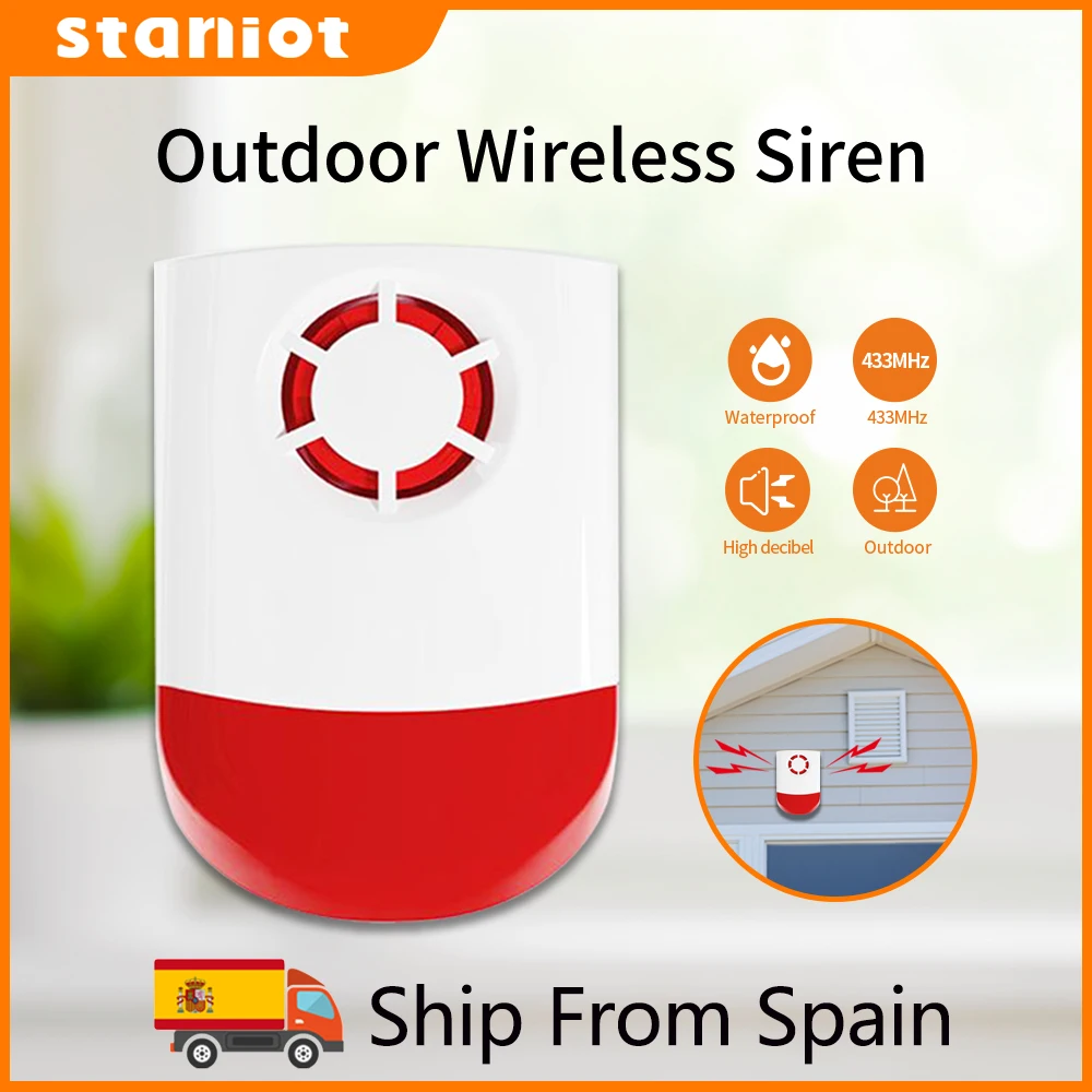 Staniot 433Mhz Indoor/Outdoor Wireless Siren Waterproof Flash Strobe ...