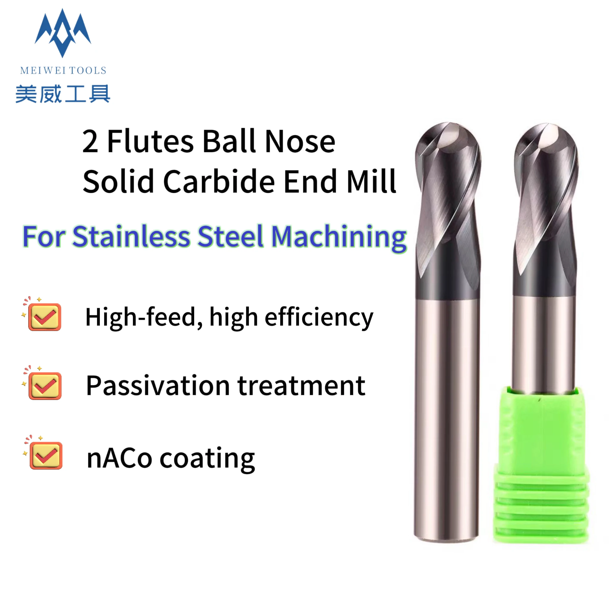 2-Flutes-Solid-Carbide-Ball-Nose-End-Mill-for-Stainless-Steel-Machining ...