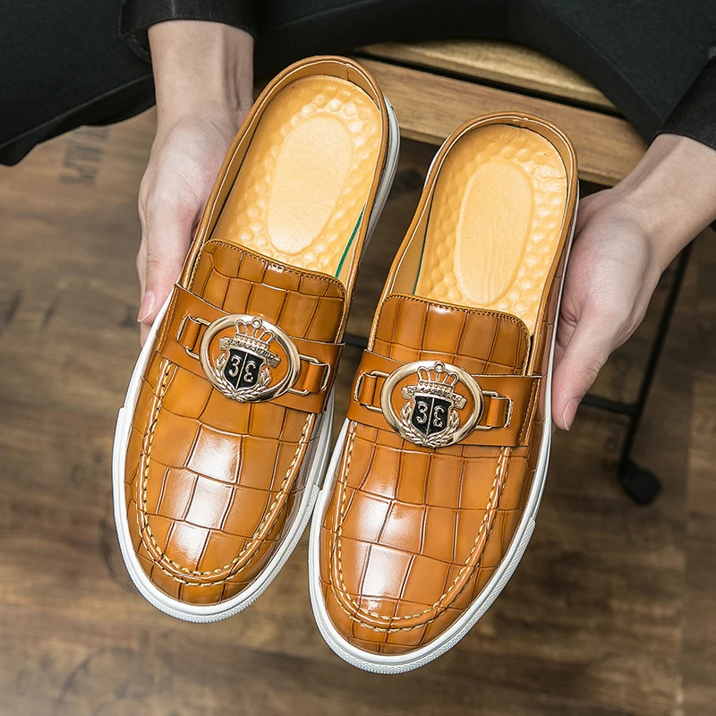 Fashionable Men Mueller Shoes PU Embossed Pattern Flat Bottomed Summer ...