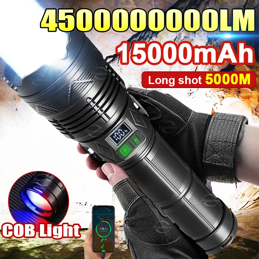 Most Powerful 1500W LED Flashlight USB Rechargeable Tactical Torch ...