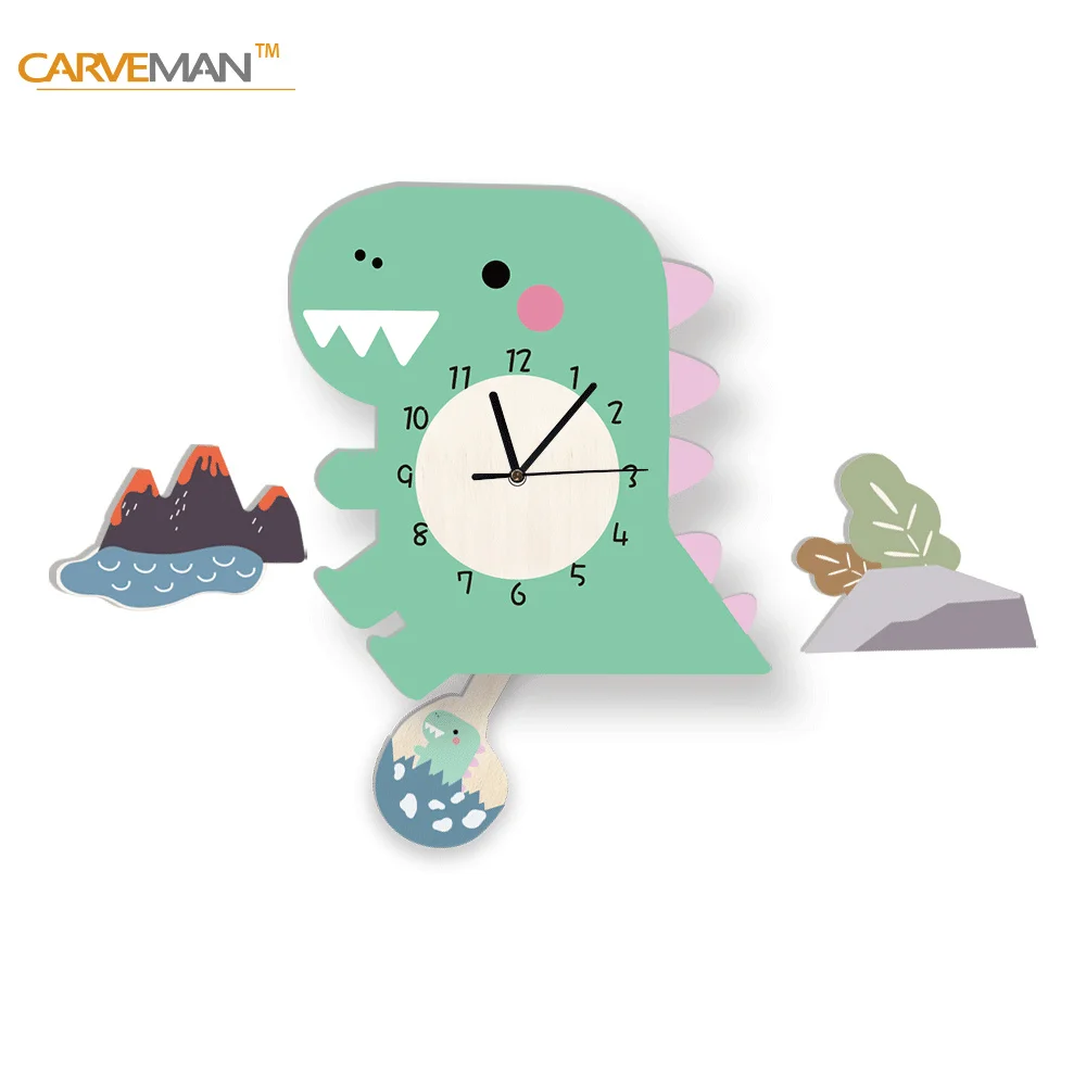 Cartoon Silent Dinosaur Pendulum Wall Clock Kids Toys Cartoon Handwork ...