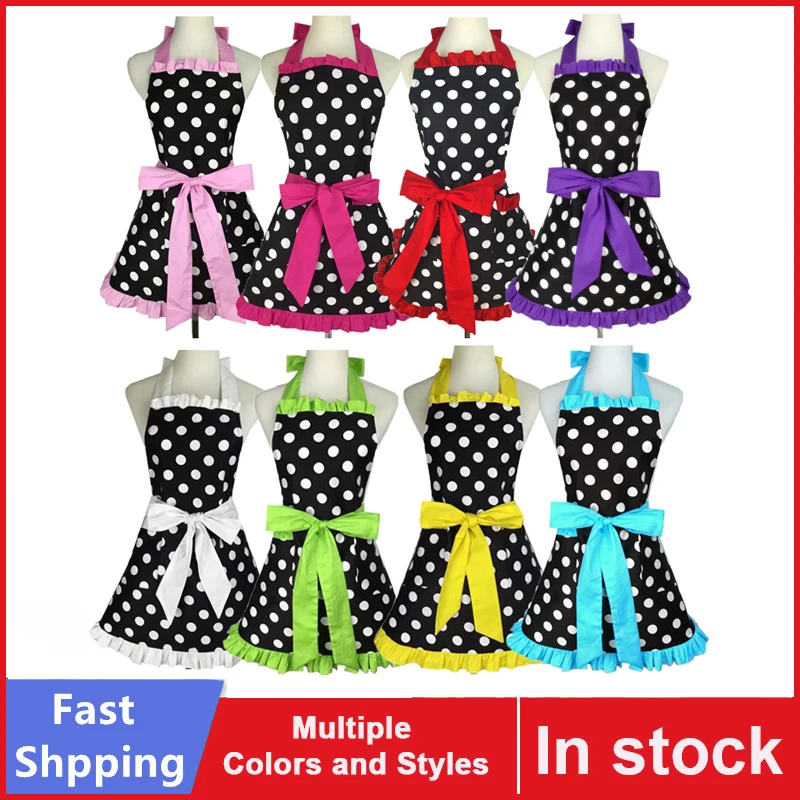 Women Apron Cotton Cute Women Retro Black Polka Dot Retro Ruffle Side ...