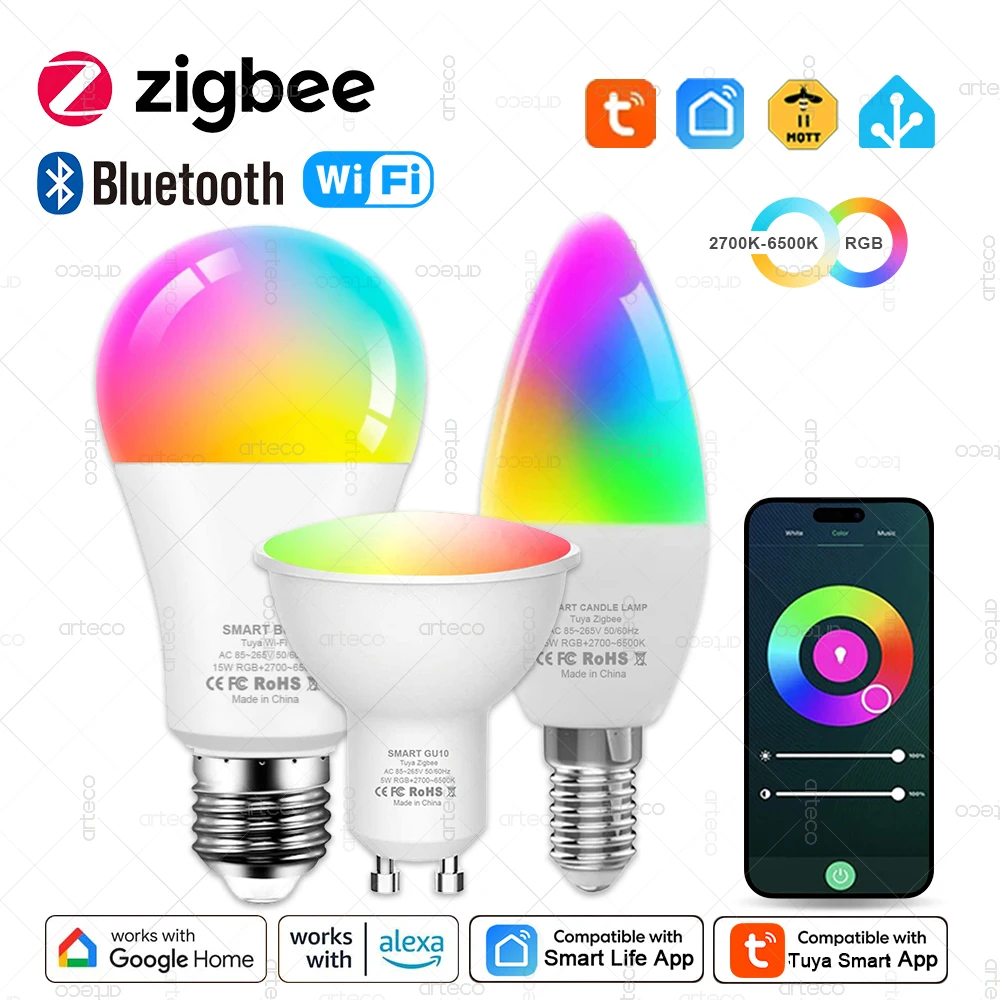 Tuya E27 GU10 E14 Bulb WiFi Zigbee Bluetooth,Dimmable Smart LED Lamp ...