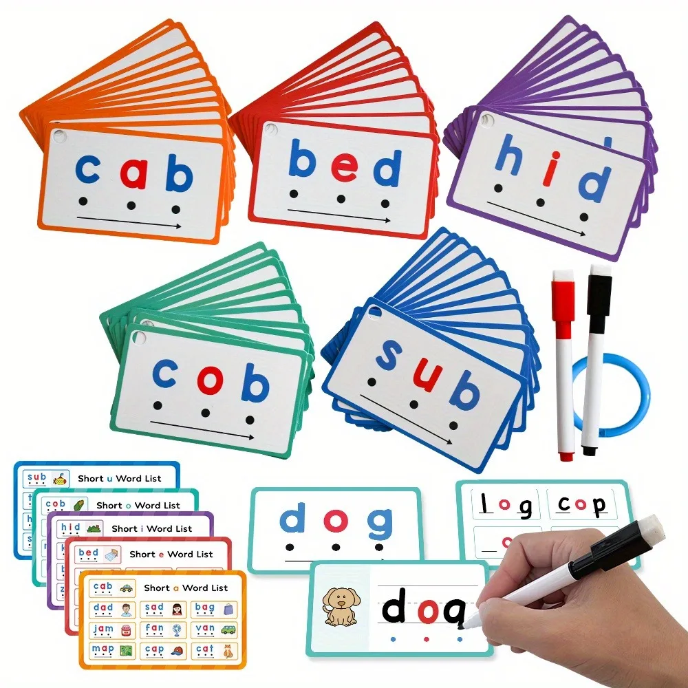 Dry Erase Handwriting Flash Cards 60pcs Phonics CVC Words Phonics Game ...