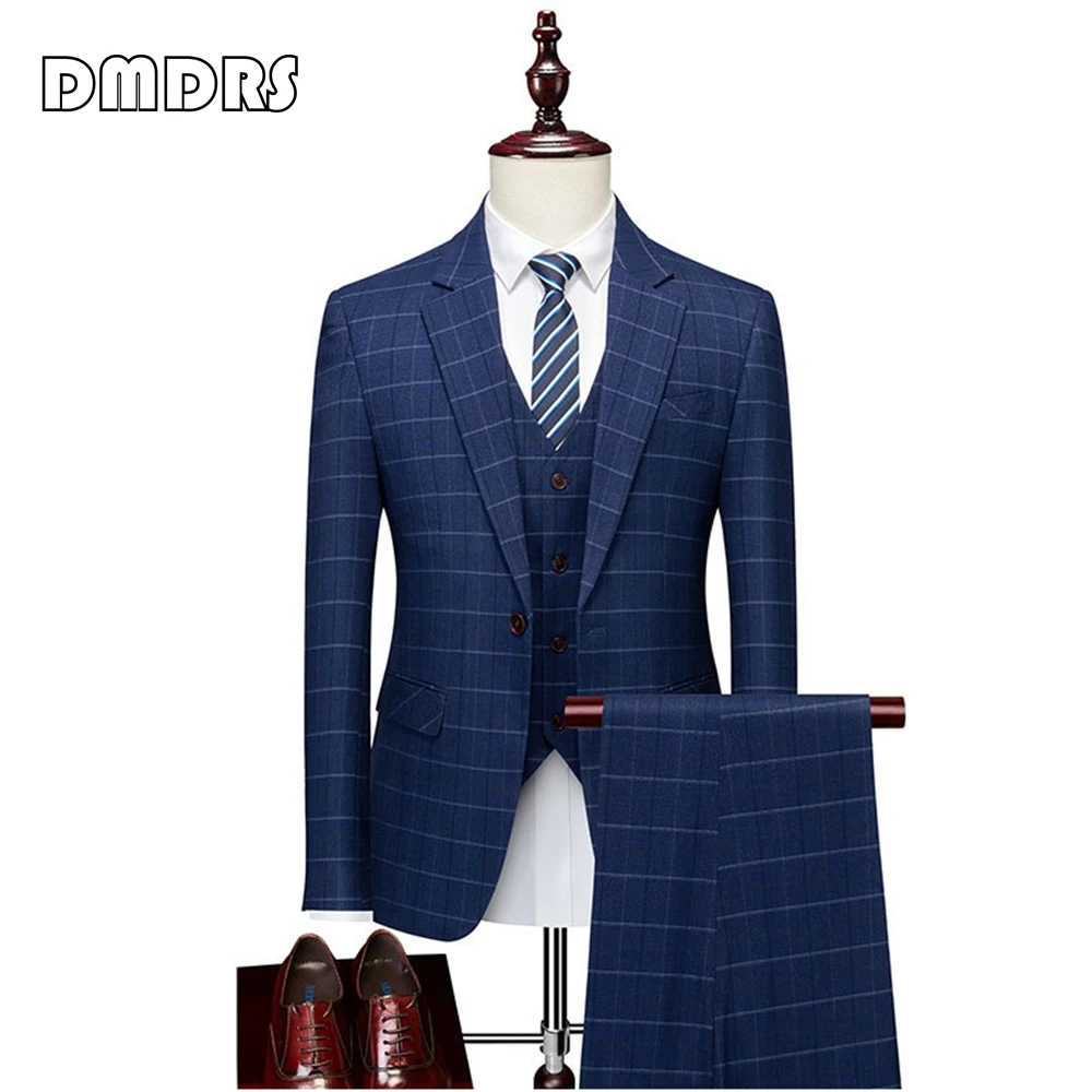 Classy Slim Fit Suit Set for Men Three Pieces Navy Plaid Smart Formal ...