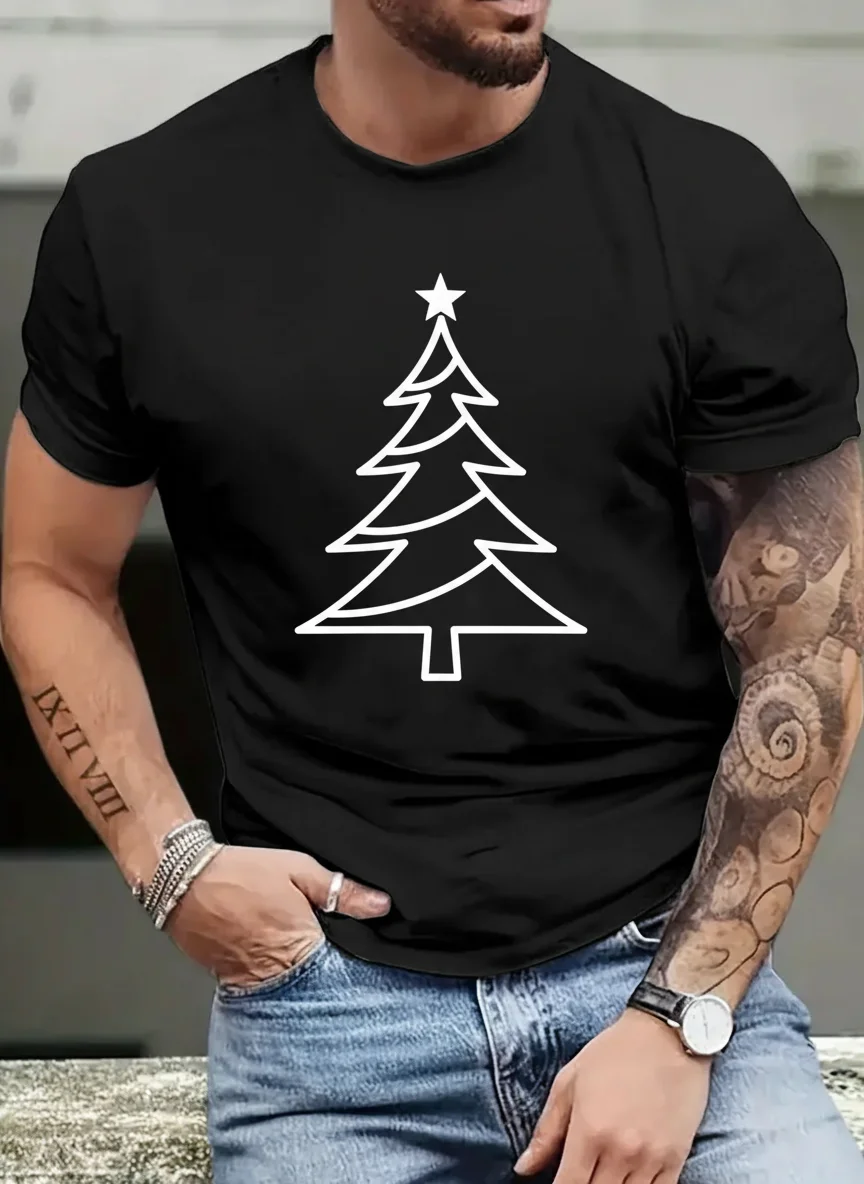 Christmas Tree Graphic Tee Shirt Men's Casual Short Sleeve Printed Tee ...