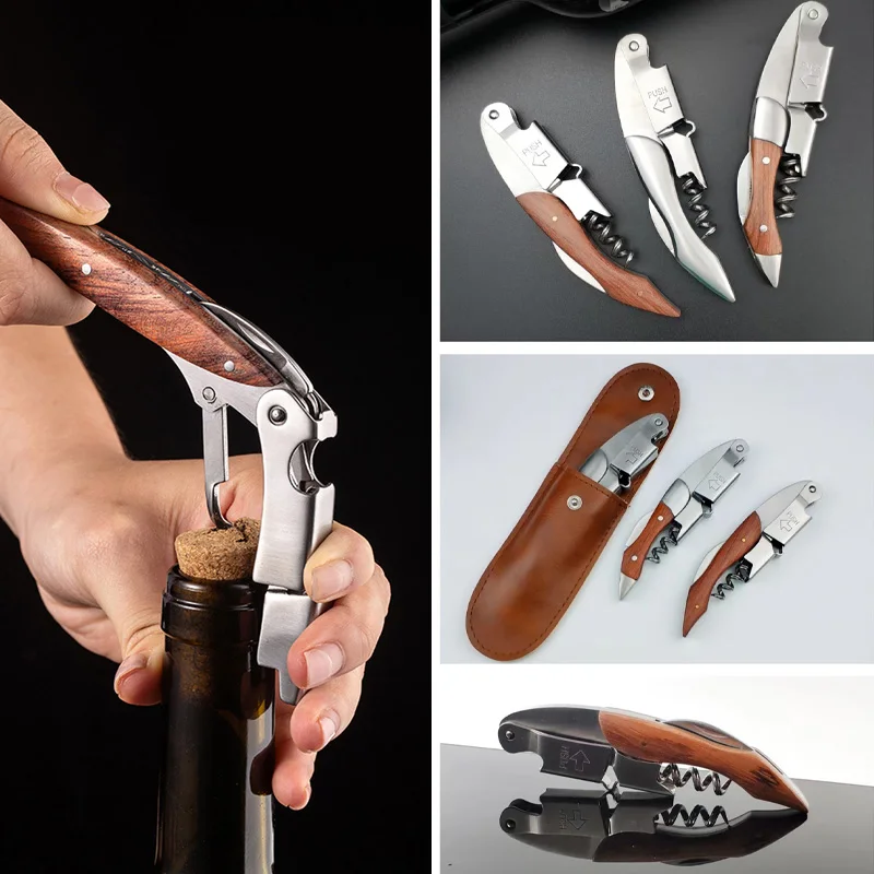 Stainless-Steel-Corkscrew-Wine-Key-Beer-Bottle-Opener-Foil-Cutter-Wood-Handle-Openers-Waiters ...