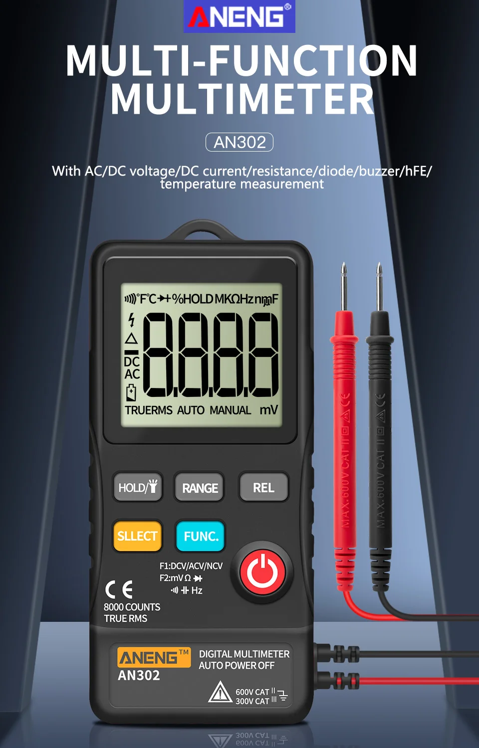 Multimetre,Rouge--testeur de multimètre numérique AN302 True Rms, 8000 ...