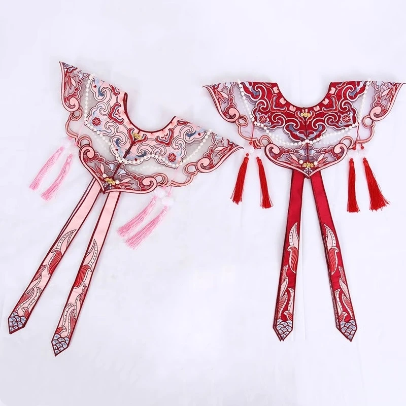 Embroidered-Hanfu-Collar-Long-Ribbon-Shoulder-Pearl-Tassels-Pink-Red ...