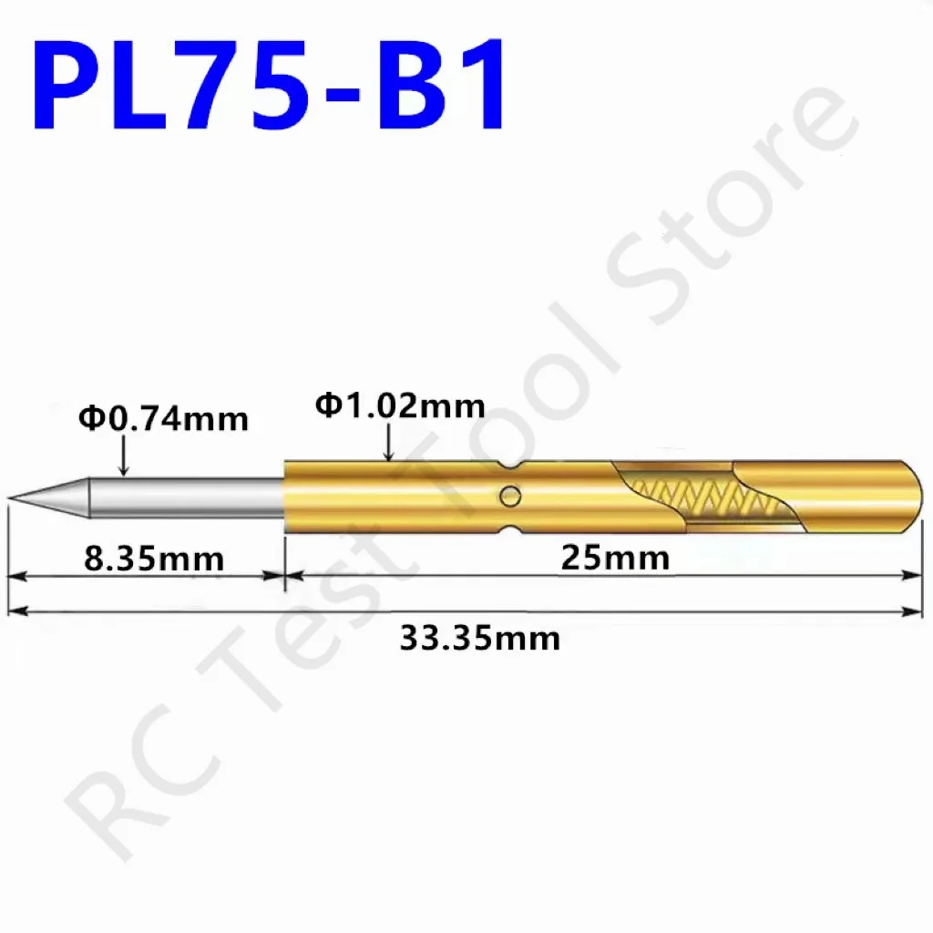 PL75 B1 스프링 테스트 프로브 PL75 B 니켈 도금 날카로운 팁 헤드, PCB 테스트 핀, 포고 핀 길이 33.35mm ...