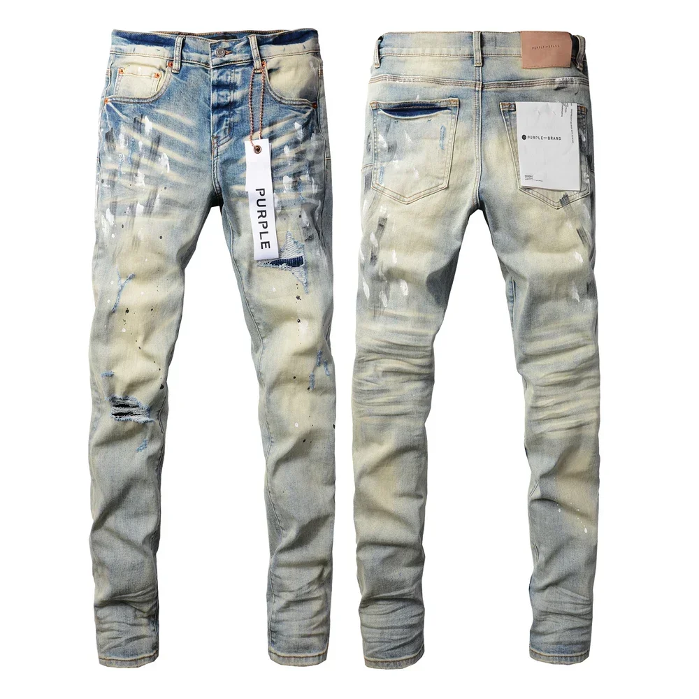 Purple Men's High Street Blue Denim Slim Paint Graffiti Pattern Damaged ...