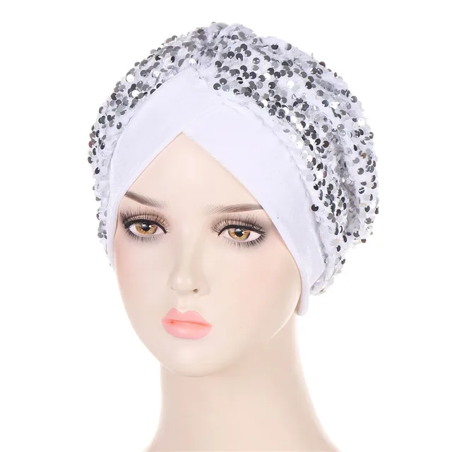 Women Glitter Sequins Turban Hat Fashion Bonnet Twist Solid Color Hijab ...