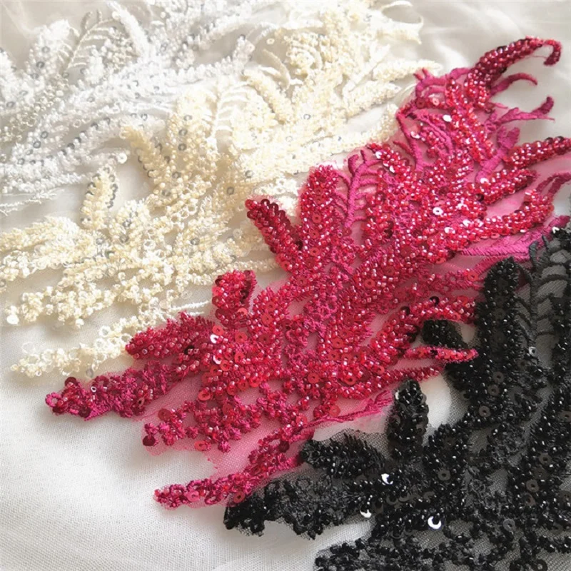 New Arrival 2 Piece Luxury Beaded Craft High End Flower Embroidery Sewing Lace Neckline Applique ...