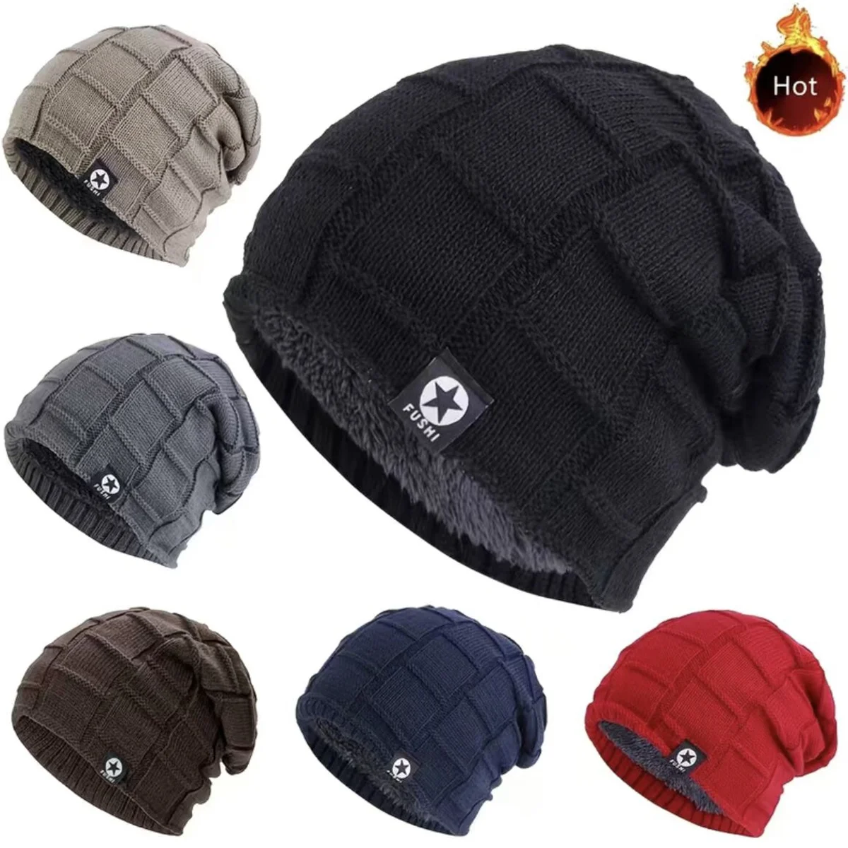 New-Unisex-Fleece-Lined-Beanie-Hat-Knit-Warm-Winter-Hat-Thick-Soft ...