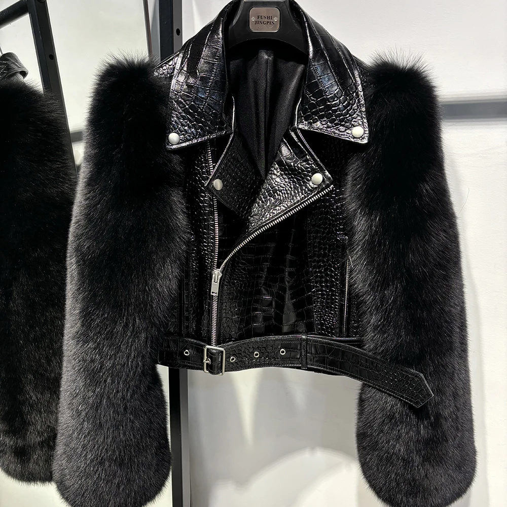 YOLOAgain-Women-s-Real-Fox-Fur-Sleeve-Genuine-Leather-Cropped-Jacket ...