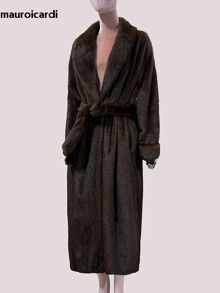 Mauroicardi Winter Long Thick Warm Brown Skirted Faux Mink Fur Coat ...