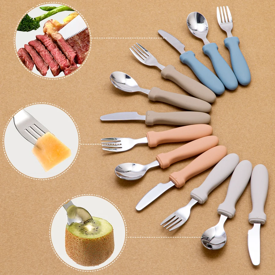 New-Baby-Feeding-Silicone-Handle-Stainless-Steel-Spoon-Fork-And-Knife ...